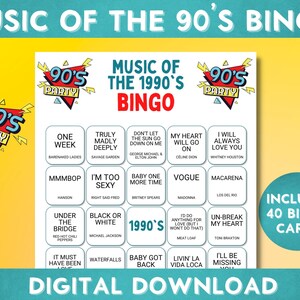 Printable Music of the 1990's Bingo Game, 40 Cards, Instant Download ...