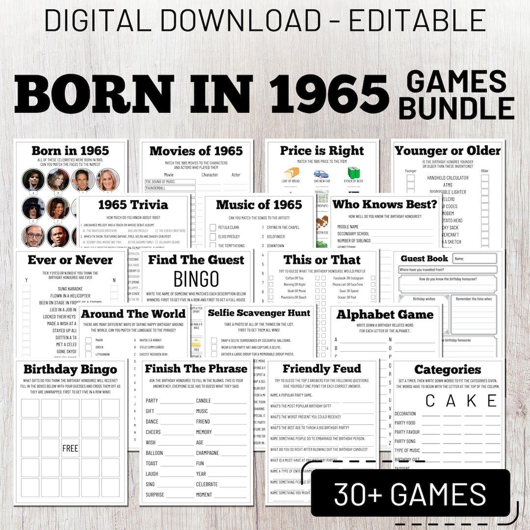 60th Birthday Party Games Bundle, Born in 1965 Trivia, Fun Printable ...