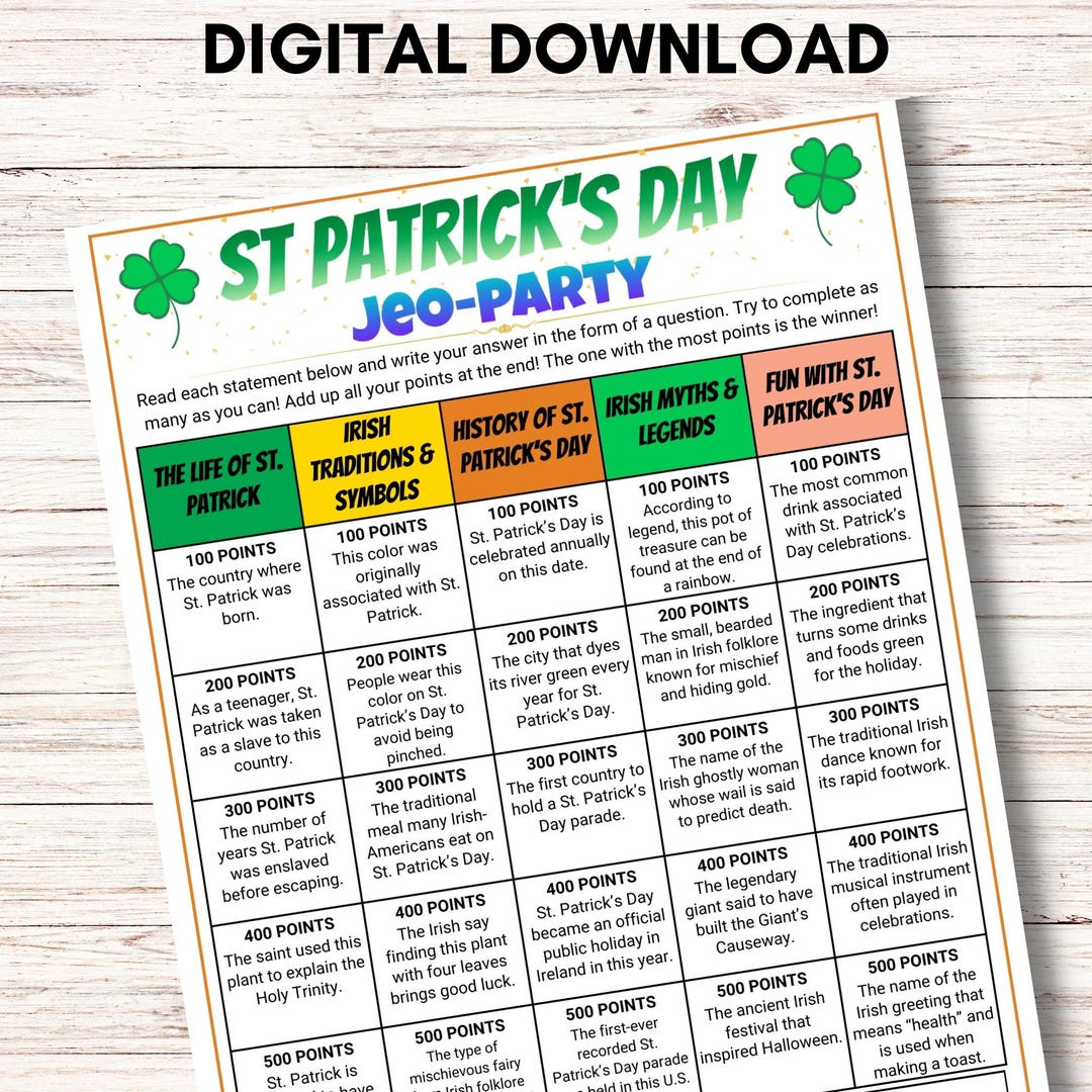 St. Patrick’s Day Jeopardy Game | Printable Irish Trivia | Fun St ...