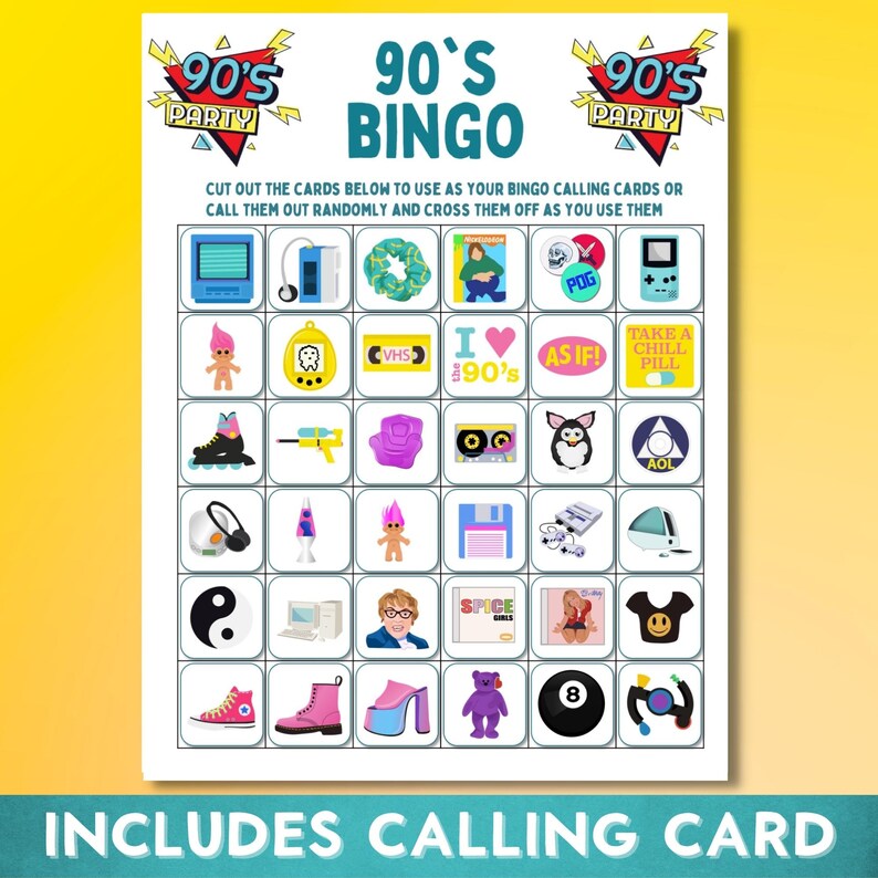 Printable 90's Themed Party Bingo 60 Unique Bingo Cards - Etsy