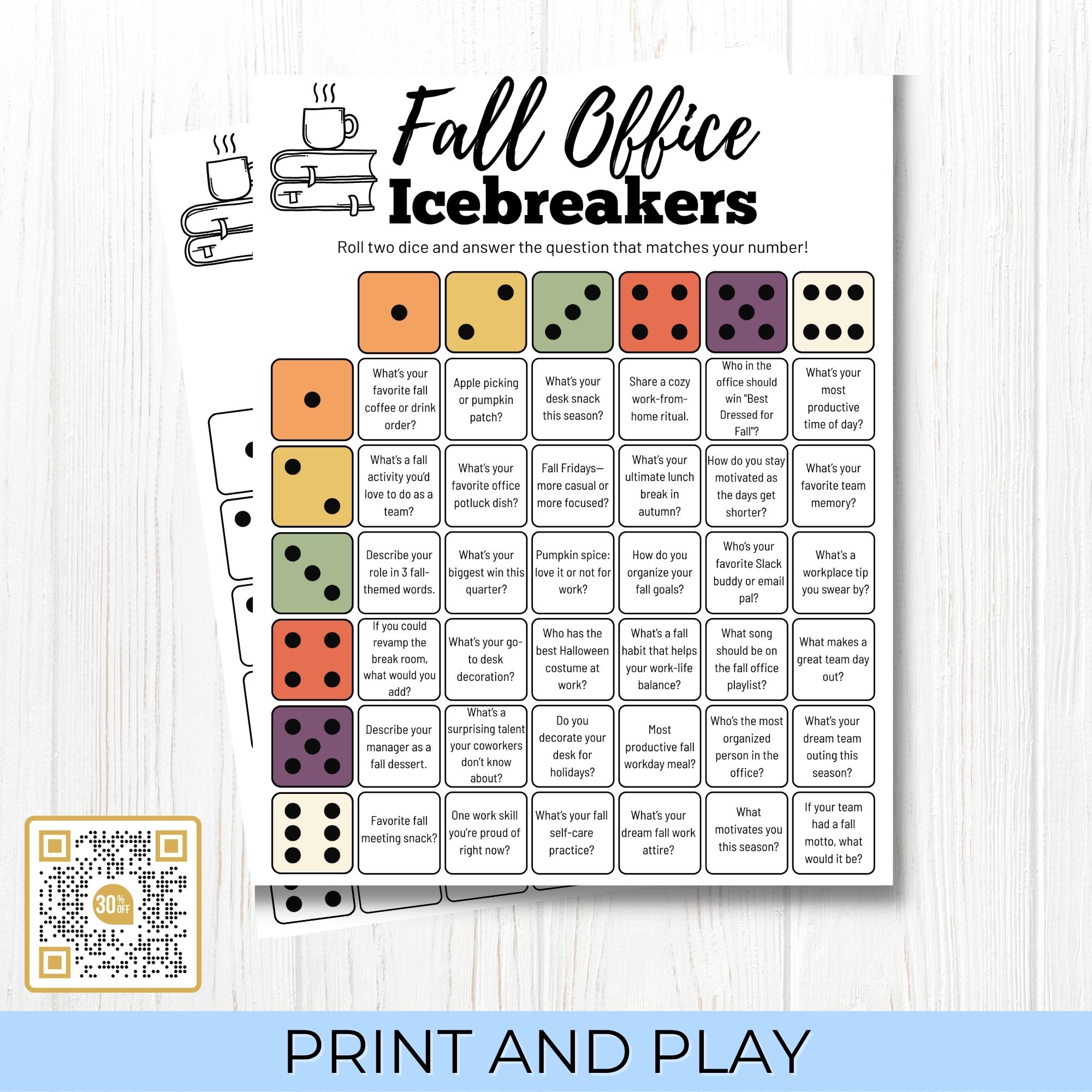 Fall Office Icebreaker Game, Printable Dice Conversation Starter for ...