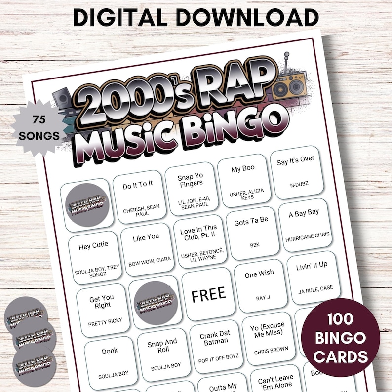 2000s Rap Music Bingo, 75 Songs 100 Cards, Printable Hip Hop Rnb Party ...