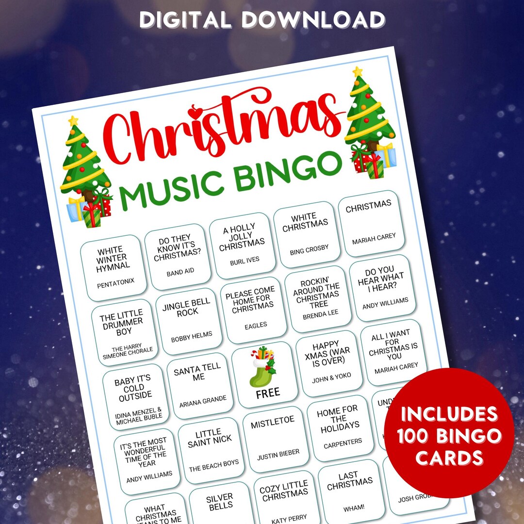 Christmas Music Bingo, Holiday Songs, 100 Cards + Playlist, Fun Game ...