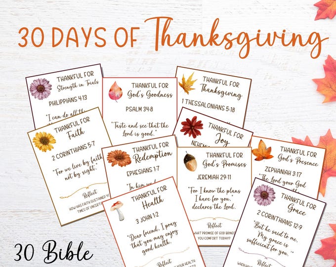 30 Days of Thanksgiving Printable Card Set: Full Bible Verse Version ...
