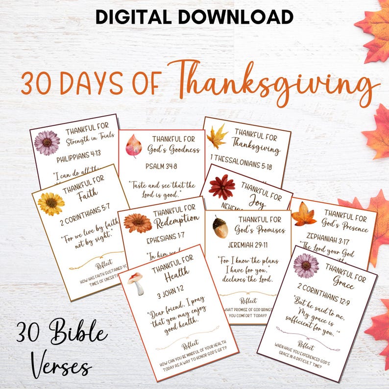 30 Days of Thankfulness Cards, Thanksgiving Gratitude, Daily Scripture ...