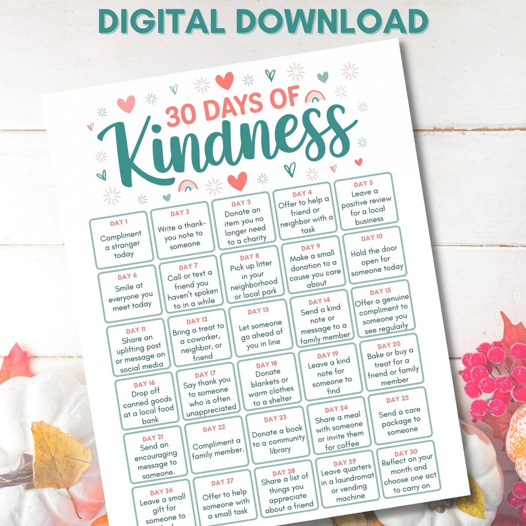 30 Days of Kindness Calendar, Thanksgiving Countdown, Acts of Kindness ...