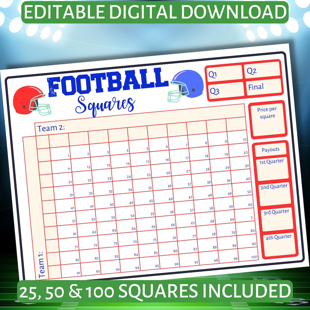 Football Squares Fundraiser, Editable Printable Game, 25, 50, 100 ...