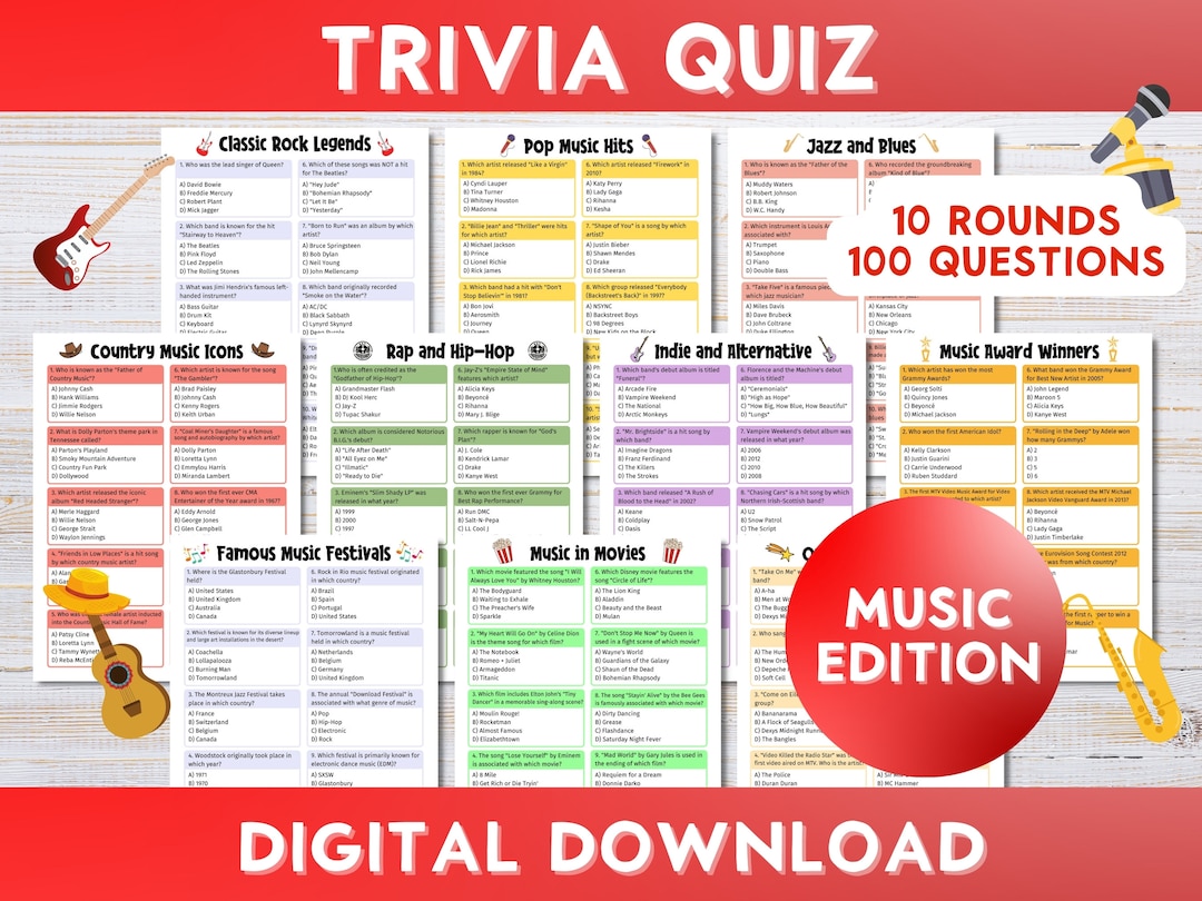 Music Trivia Quiz, Game Night, Bar Quiz, Family Games, 100 Questions ...