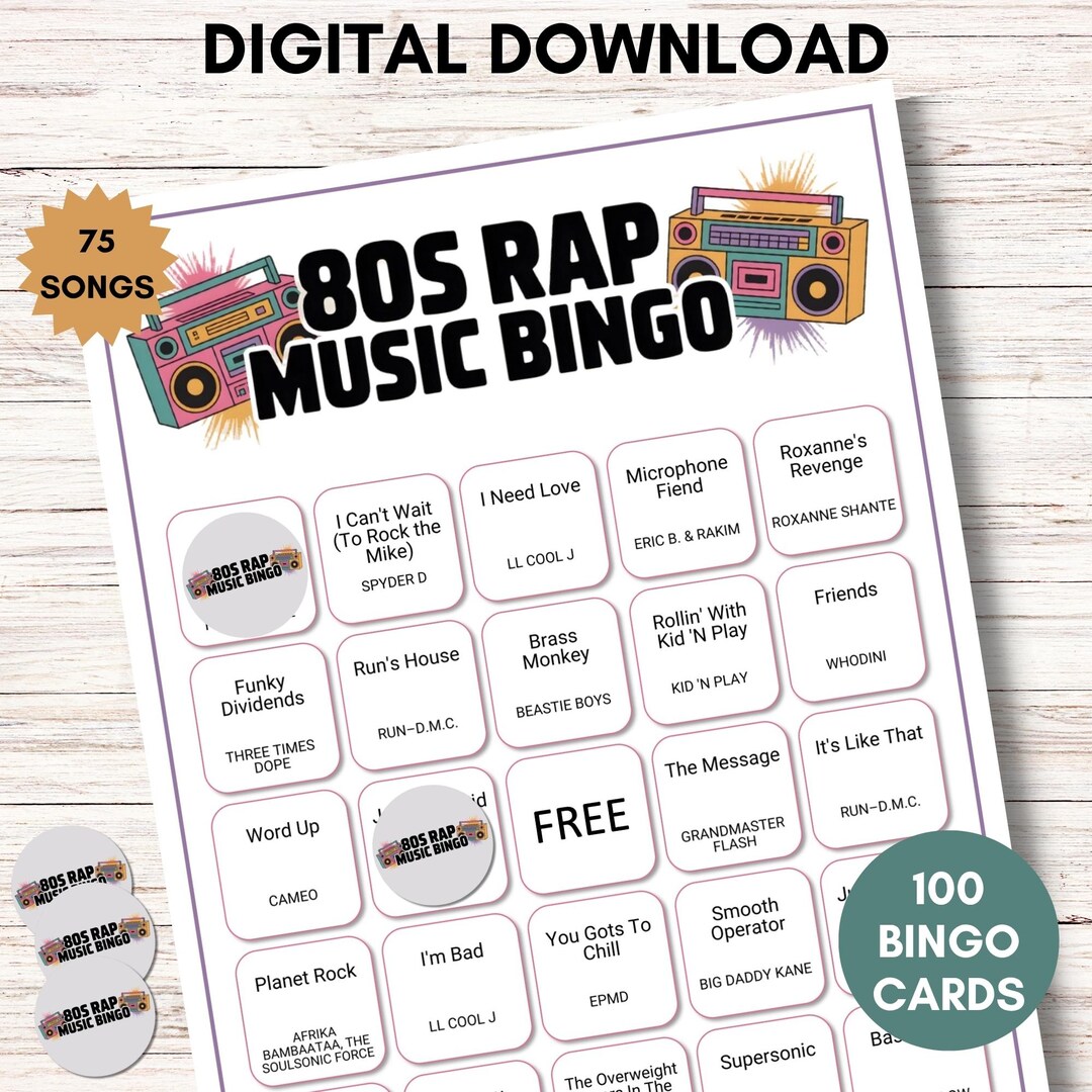 80s Rap Music Bingo Game – 75 Hip Hop Songs, 100 Cards (digital ...