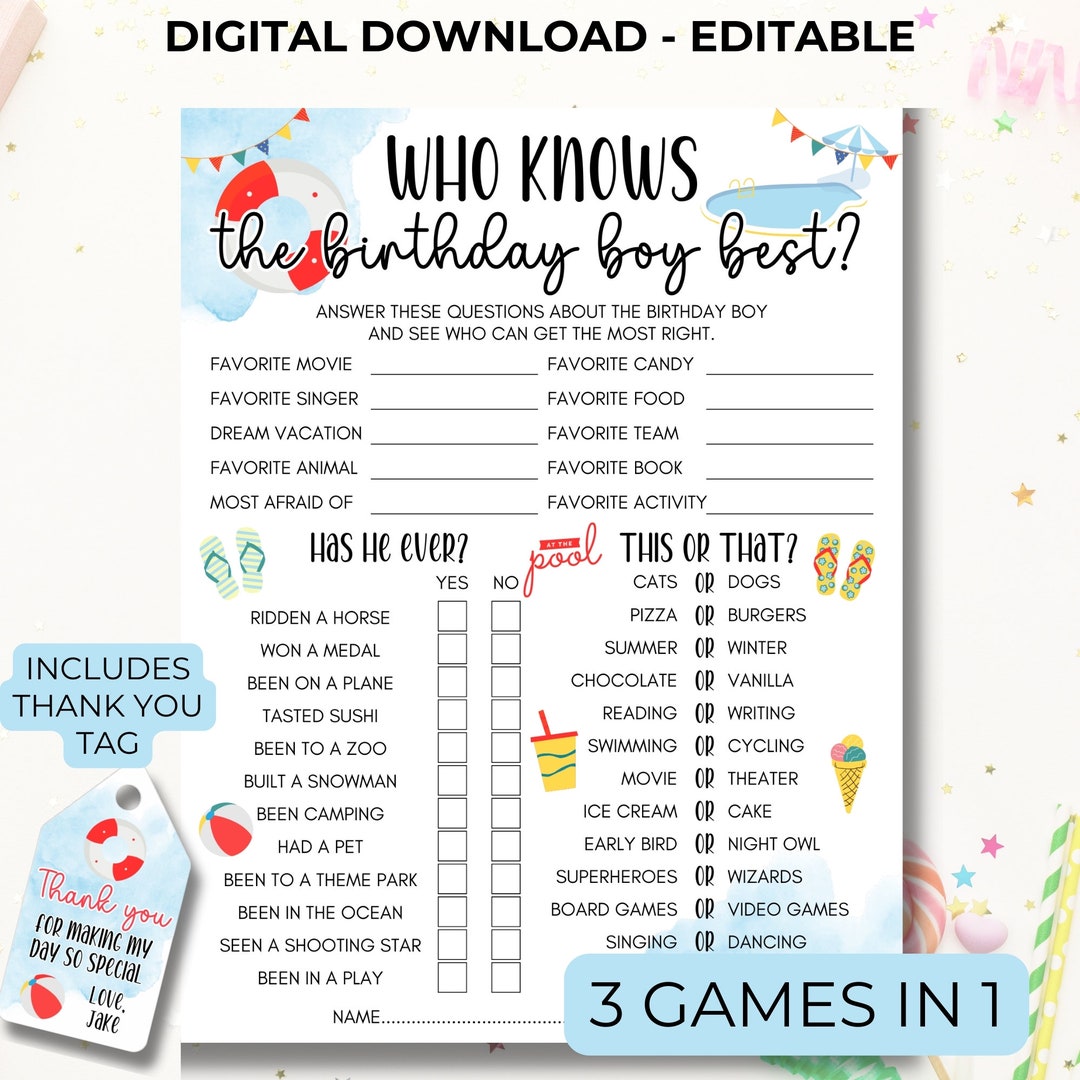 Who Knows the Birthday Boy Best, Pool Party, Editable Printable ...