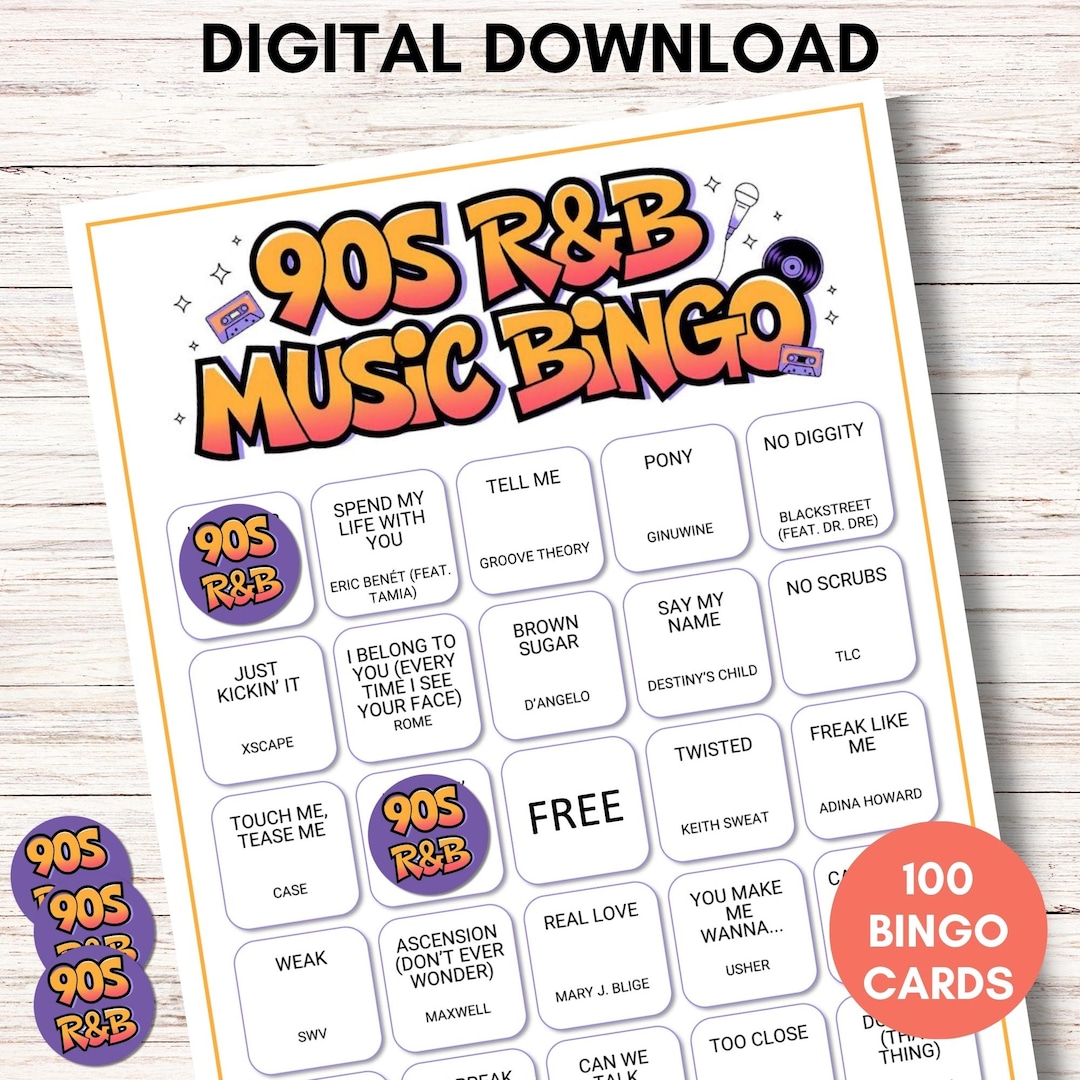 90s R&B Music Bingo, Printable Bingo Game, Throwback 90s Party Game, Includes Music Squares ...