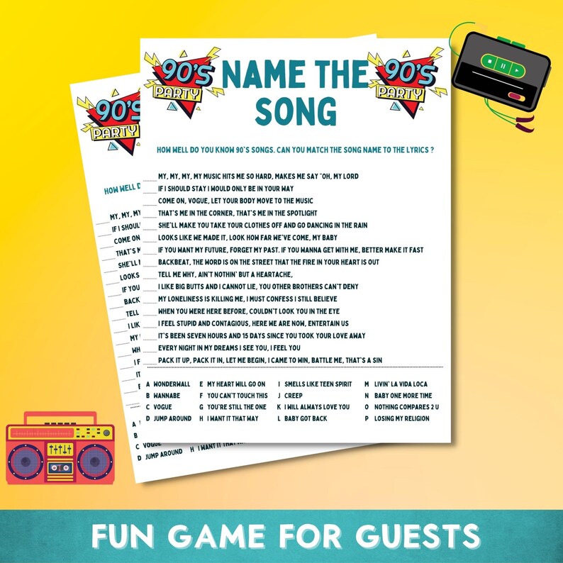 Printable 90's Themed Name the Song Party Game, Ice Breaker, Instant ...