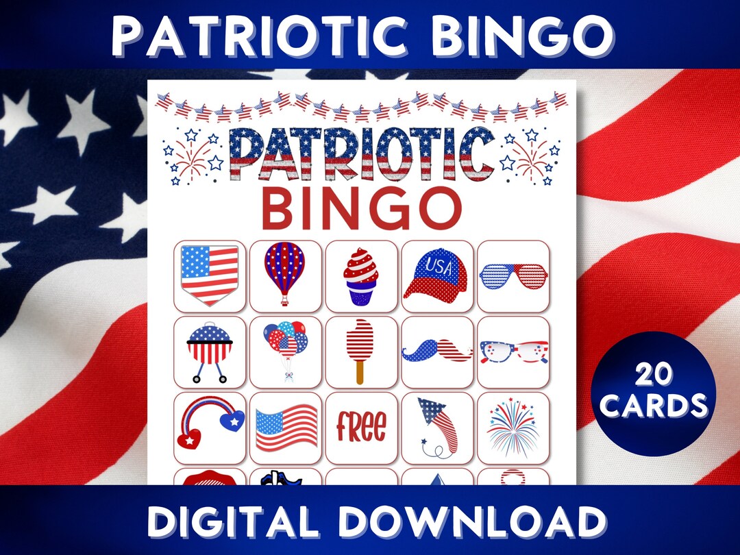 Patriotic Bingo Game, 20 Unique Bingo Cards, Printable, Memorial Day ...