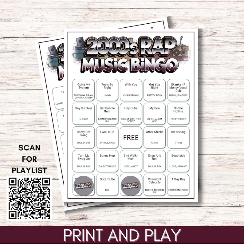 2000s Rap Music Bingo, 75 Songs 100 Cards, Printable Hip Hop Rnb Party ...