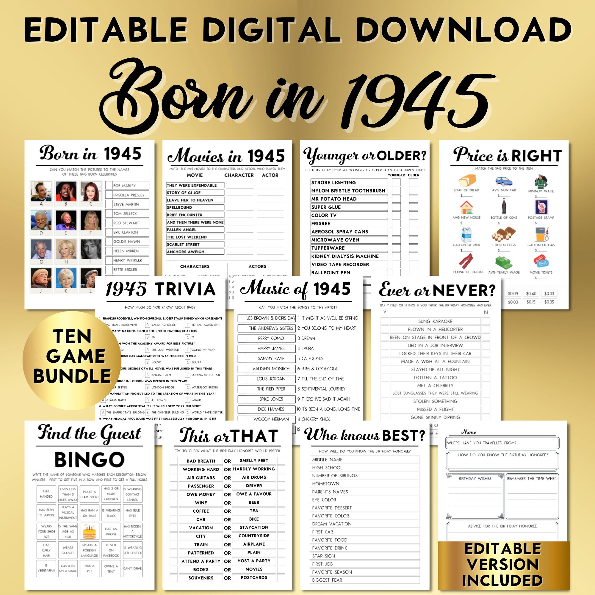 80th Birthday Party Games, Born in 1945, Printable 10 Game Bundle ...
