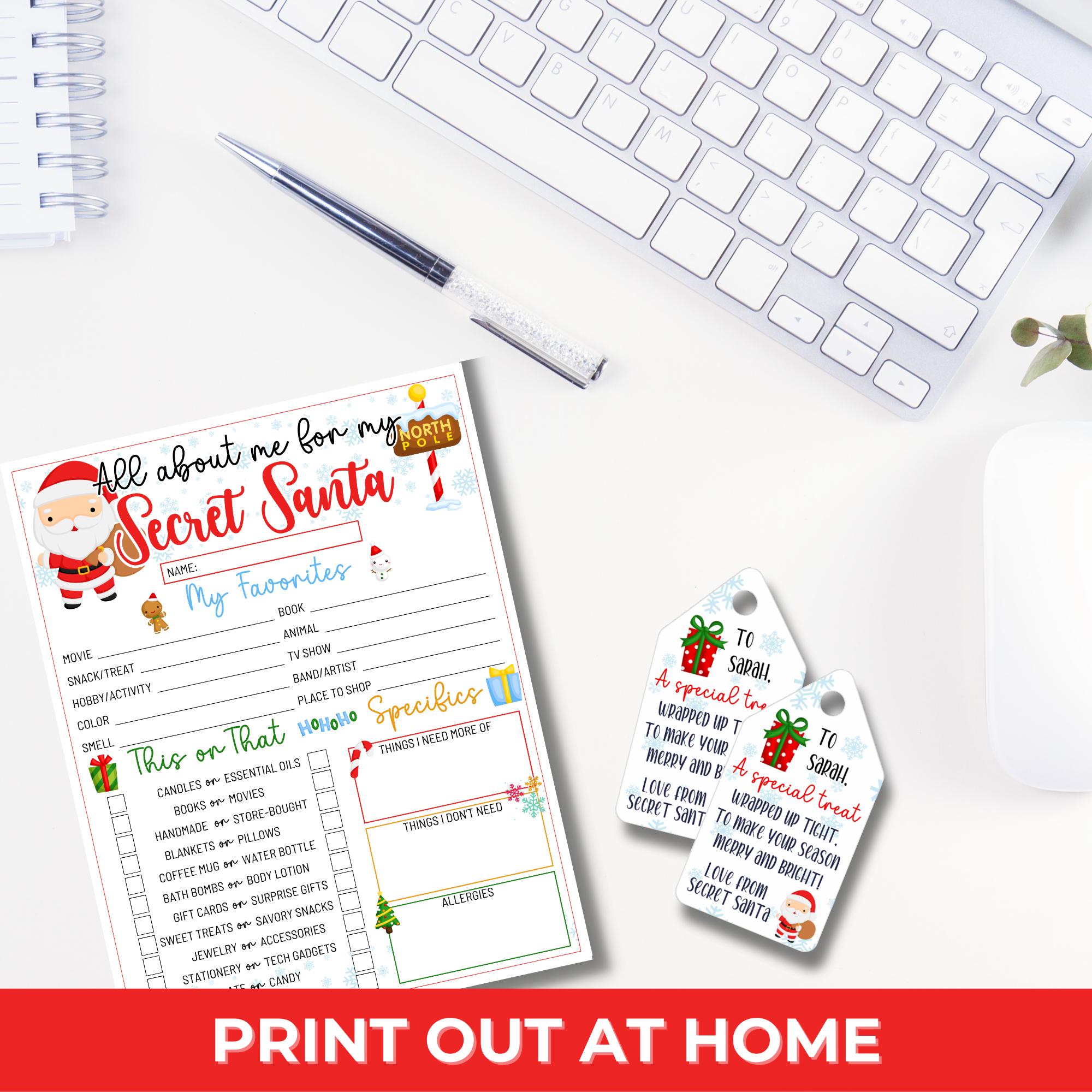 Secret Santa Questionnaire Printable, Gift Exchange Ideas, Gift Tag ...