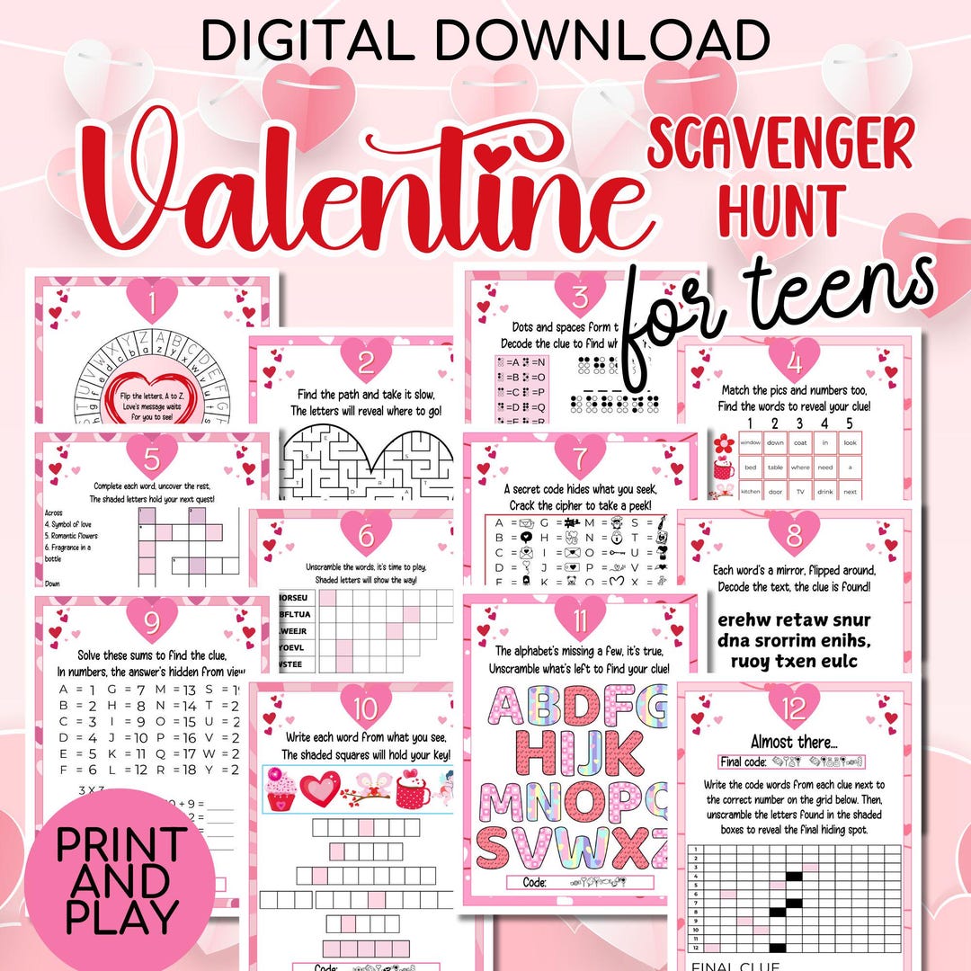 Valentine's Scavenger Hunt for Teens & Tweens, Printable Treasure Hunt ...