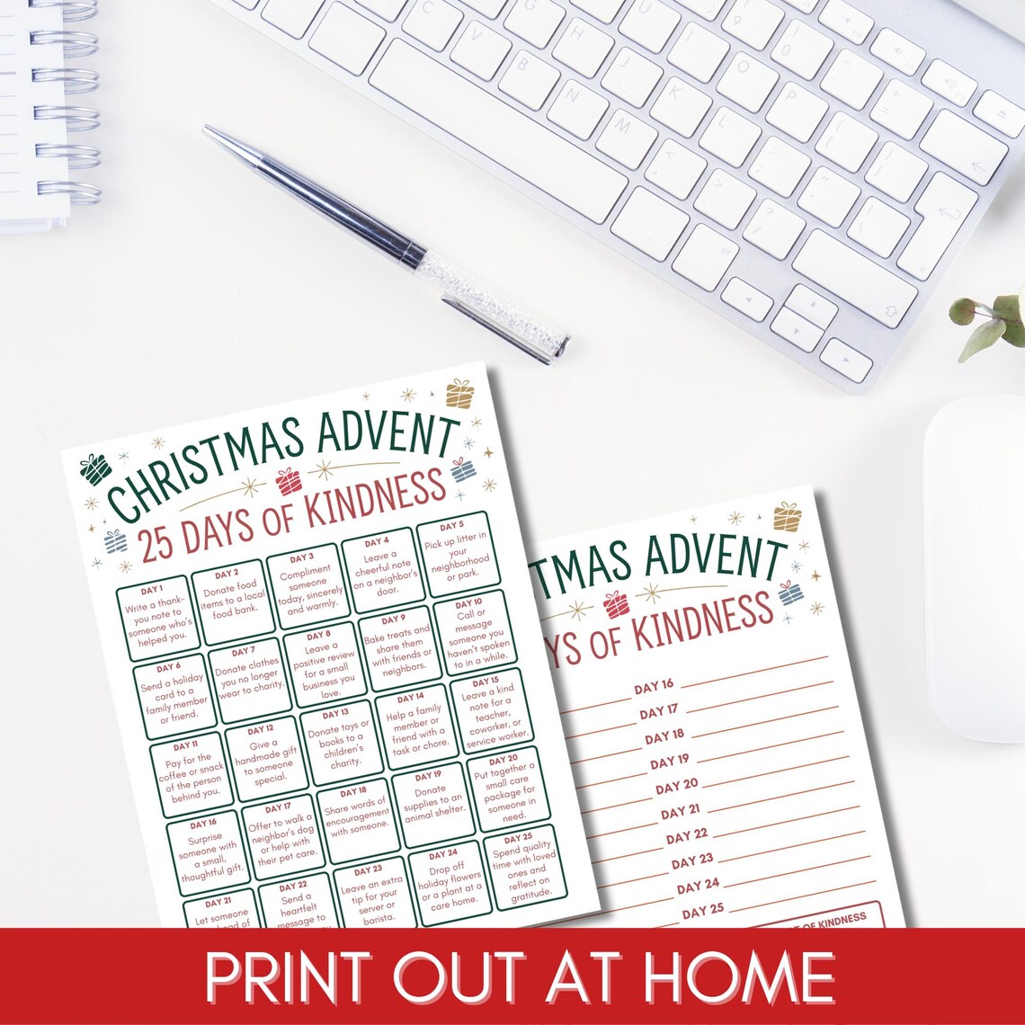 25 Days of Kindness Calendar, Printable Christmas Advent Calendar ...