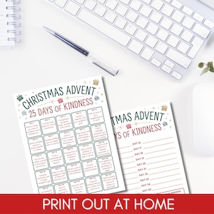 25 Days of Kindness Calendar, Printable Christmas Advent Calendar ...