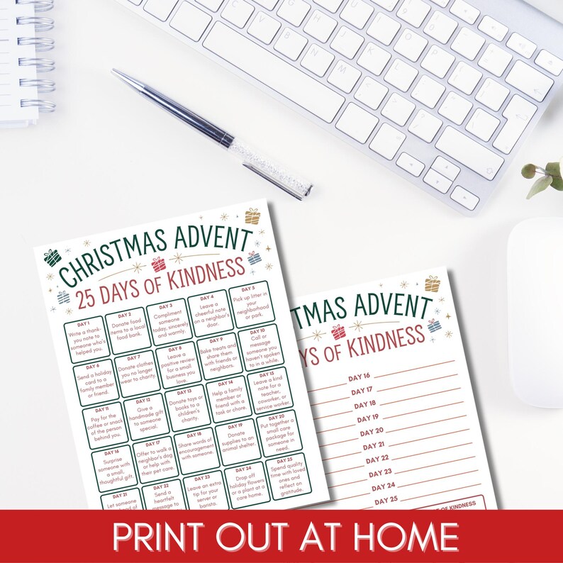 25 Days of Kindness Calendar, Printable Christmas Advent Calendar ...