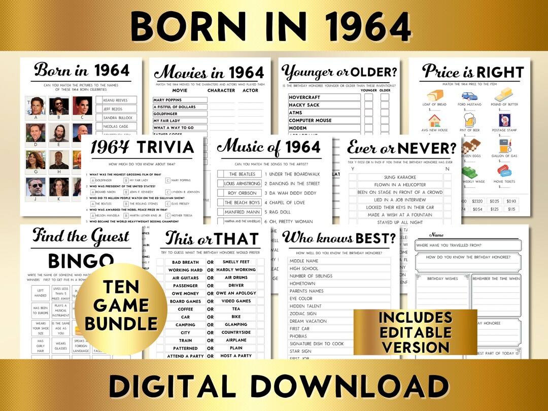 62nd Birthday Party Games, Born in 1964 Trivia, Music Quiz (printable ...