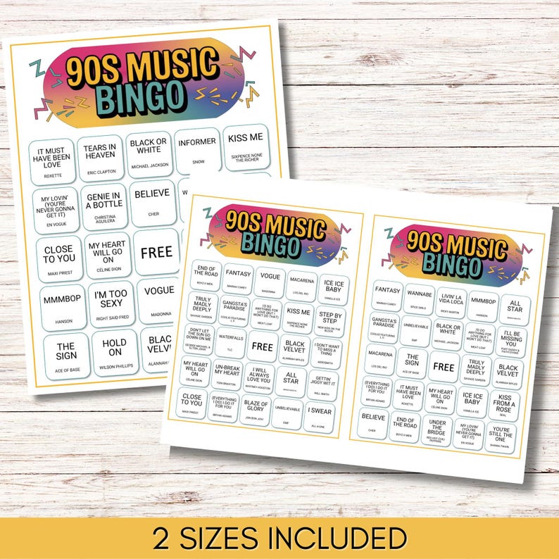 90s Music Bingo, Digital Download With 100 Cards, Party Game for Family ...