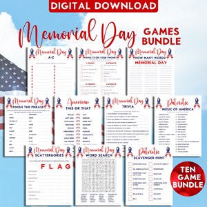 Memorial Day Games Bundle, Printable, Trivia Quiz, Patriotic Party Game ...