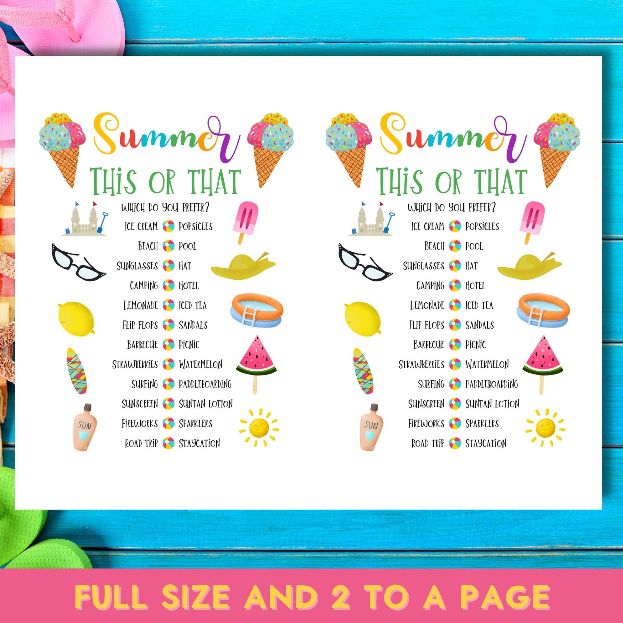 Summer This or That Game Printable Activity Pool Party - Etsy