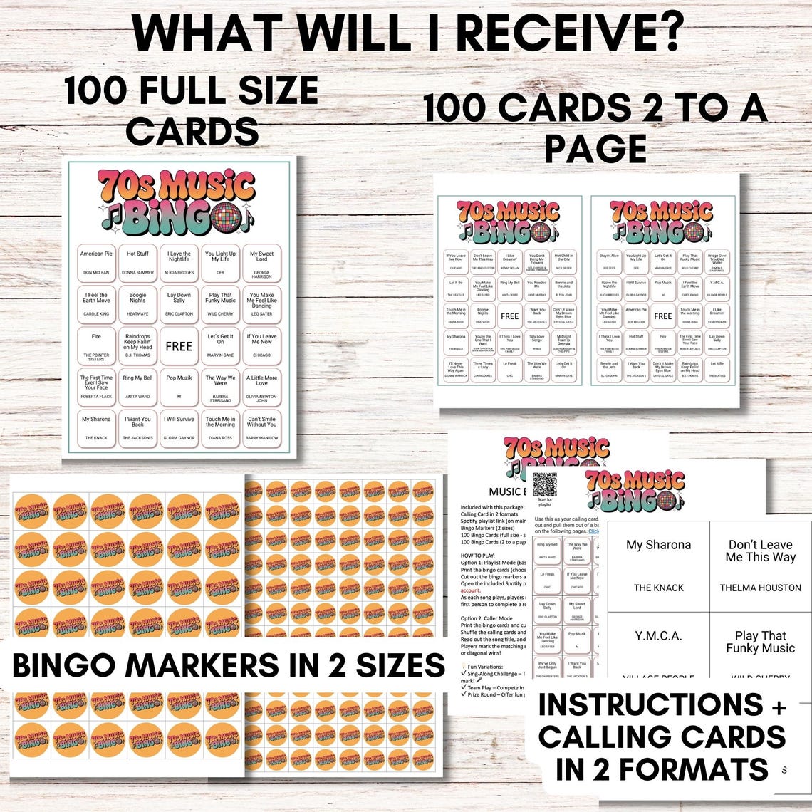 70s Music Bingo Game – 100 Printable Cards – Fun Party Activity With ...