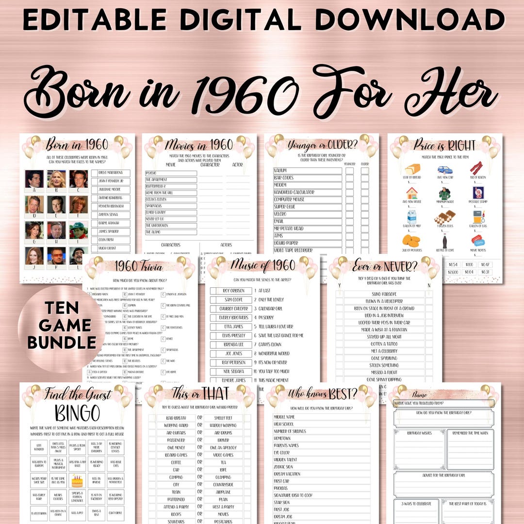 65th Birthday Games for Her, Born in 1960 Trivia Quiz, Fun Printable ...