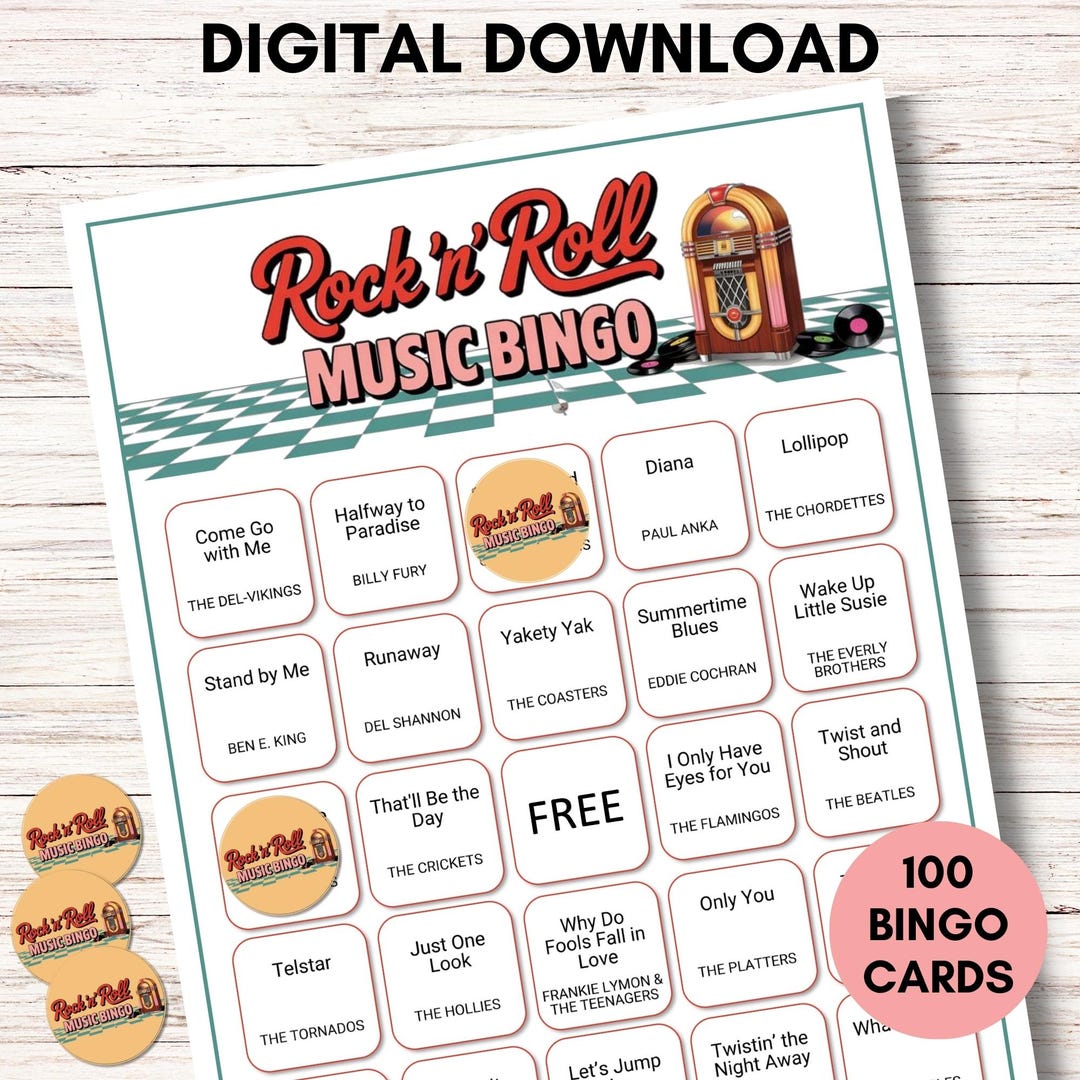 1950s & 60s Rock 'n' Roll Music Bingo Game – Printable Retro Party Game ...