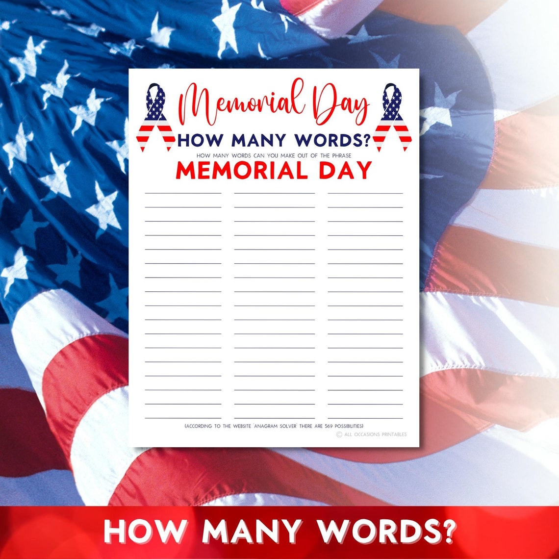 Printable Memorial Day How Many Words Game Family Party Fun - Etsy