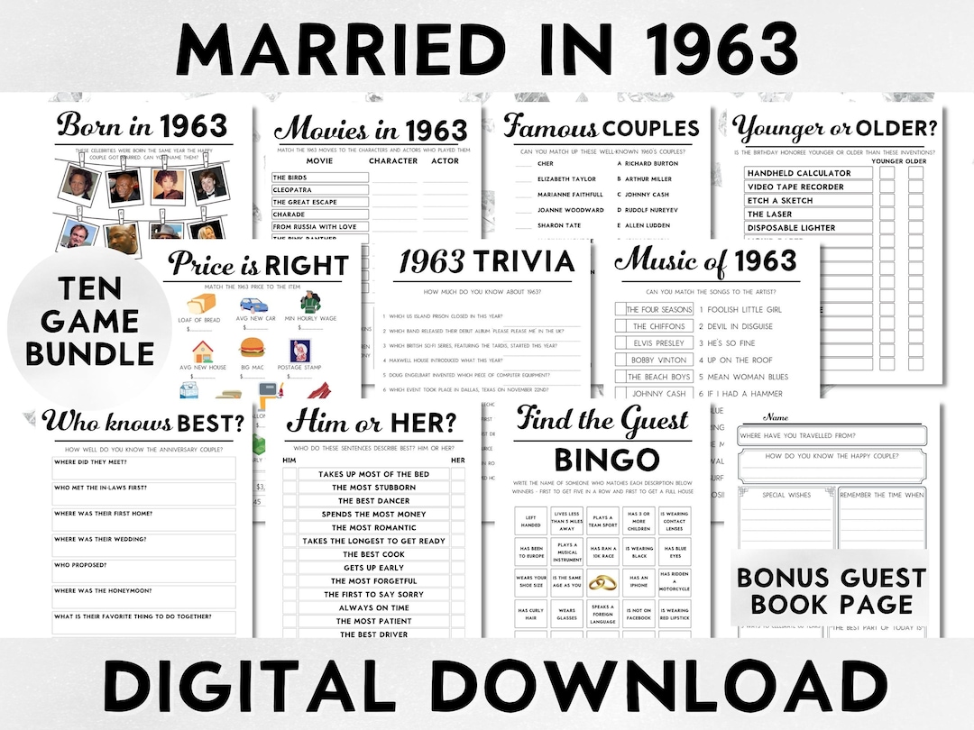 62nd Anniversary Party Games, Married in 1963, Fun Printable Games for ...