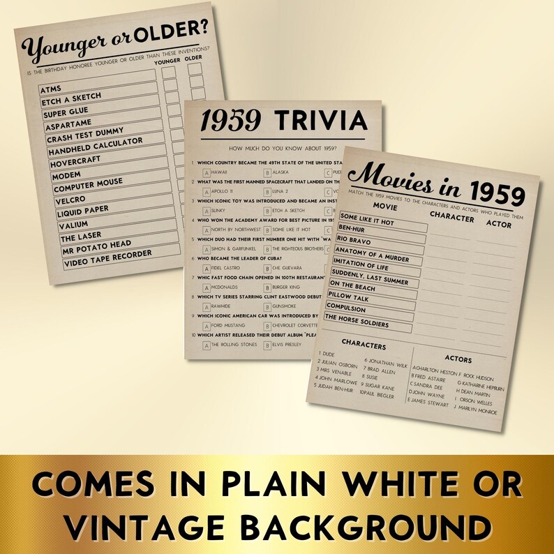 67th Birthday Party Games, Born in 1959 Trivia, Music Quiz (printable ...
