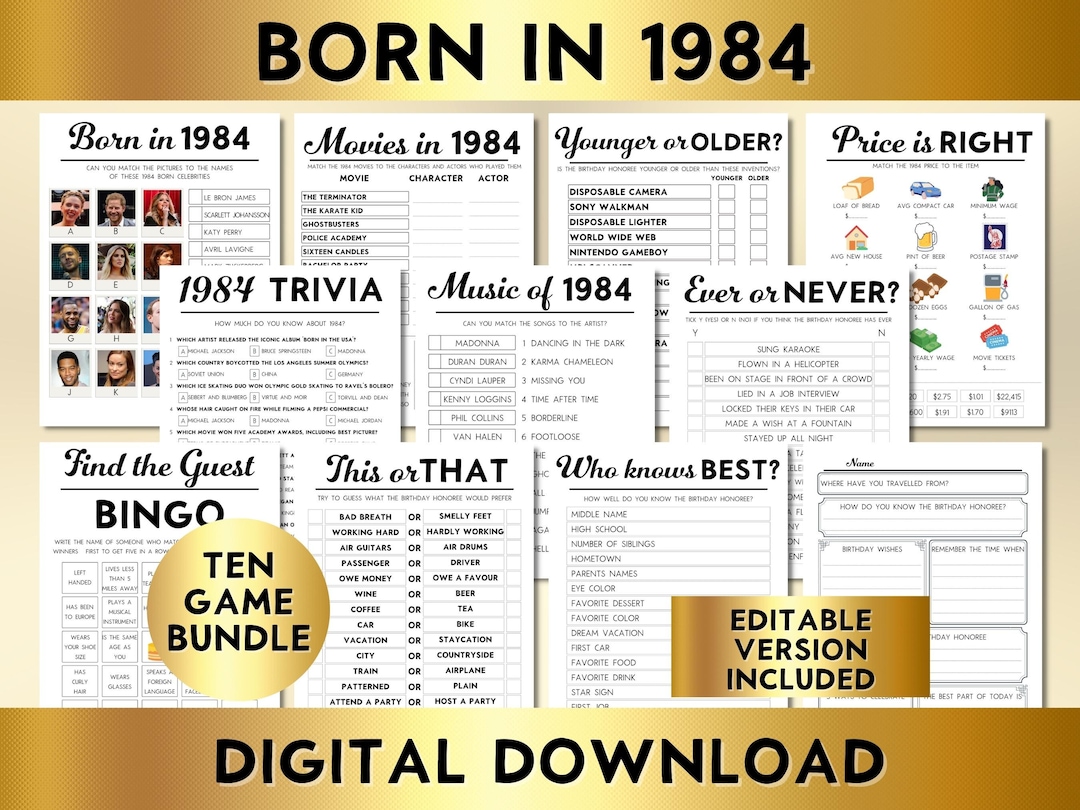 41st Birthday Party Games, Born in 1984, Printable 10 Game Bundle ...