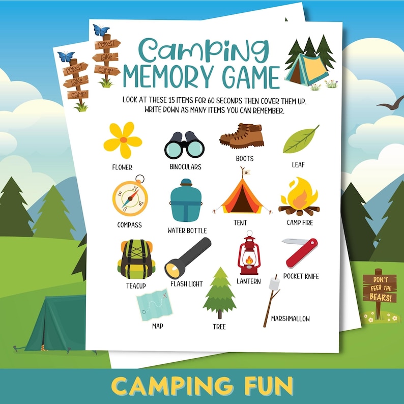 Camping Memory Game Printable Camping Trip Game Summer Camp - Etsy