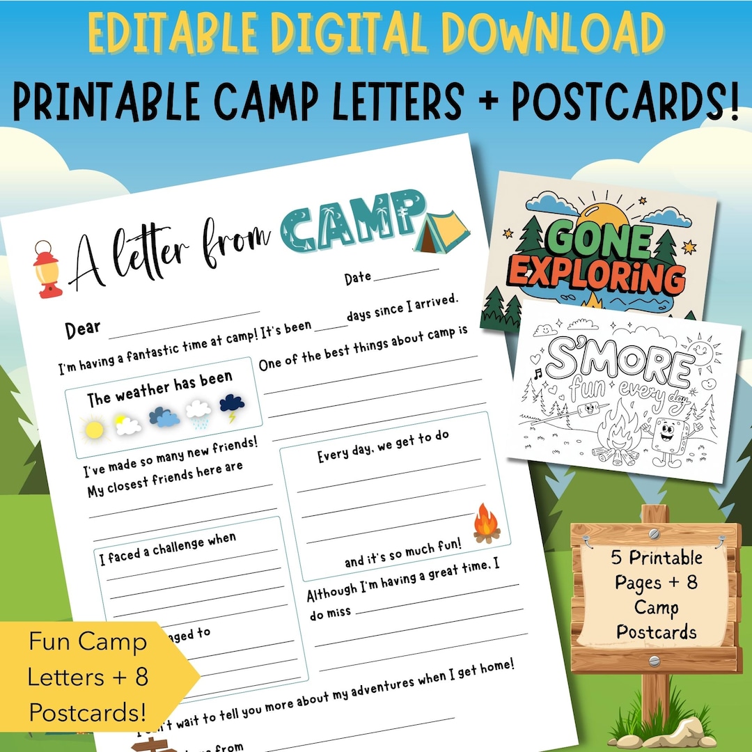 Printable Camp Letter Set, Summer Camp Stationery for Kids, Editable ...
