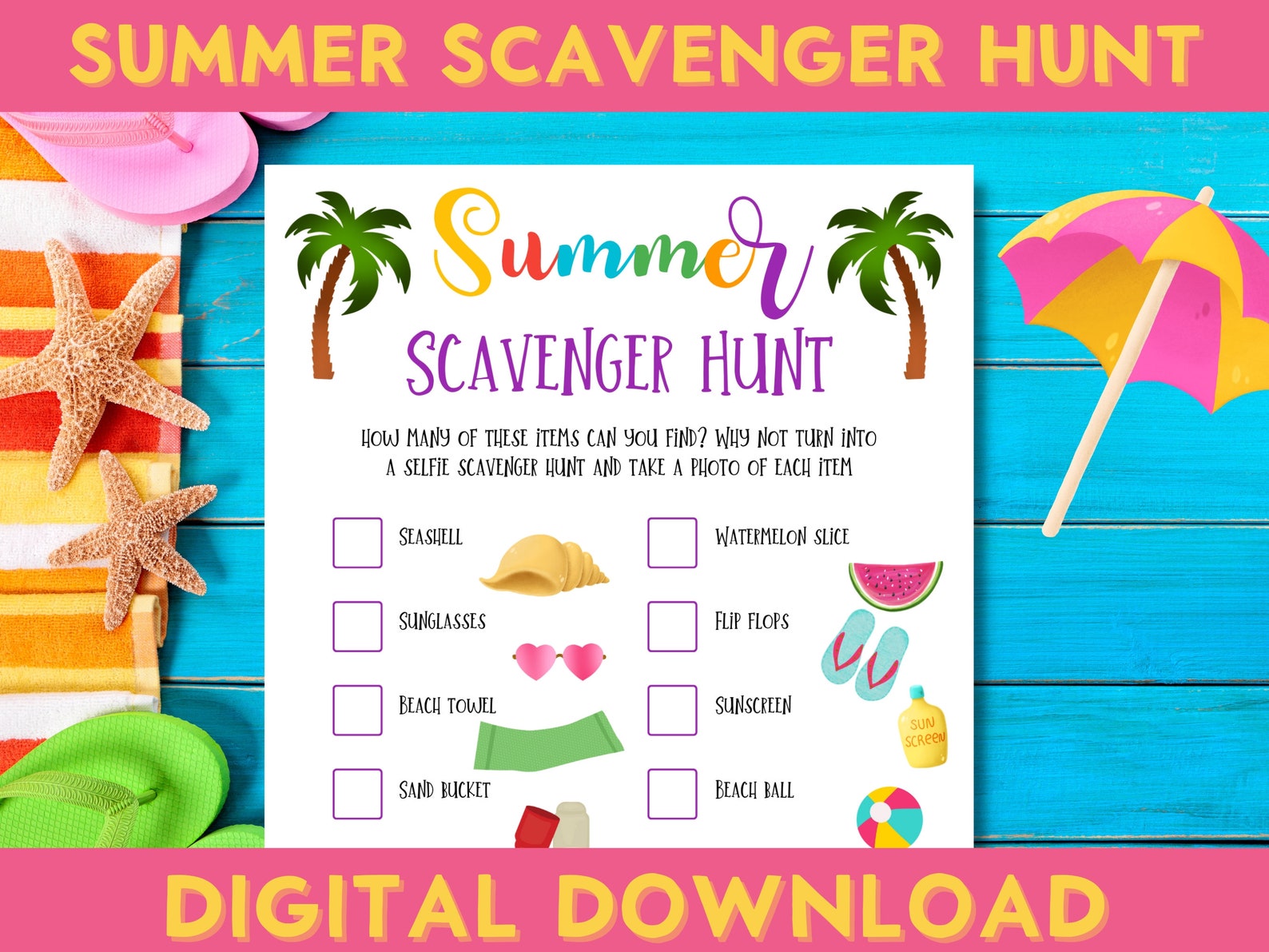 Summer Scavenger Hunt Game, Printable Activity, Pool Party, Family Fun ...