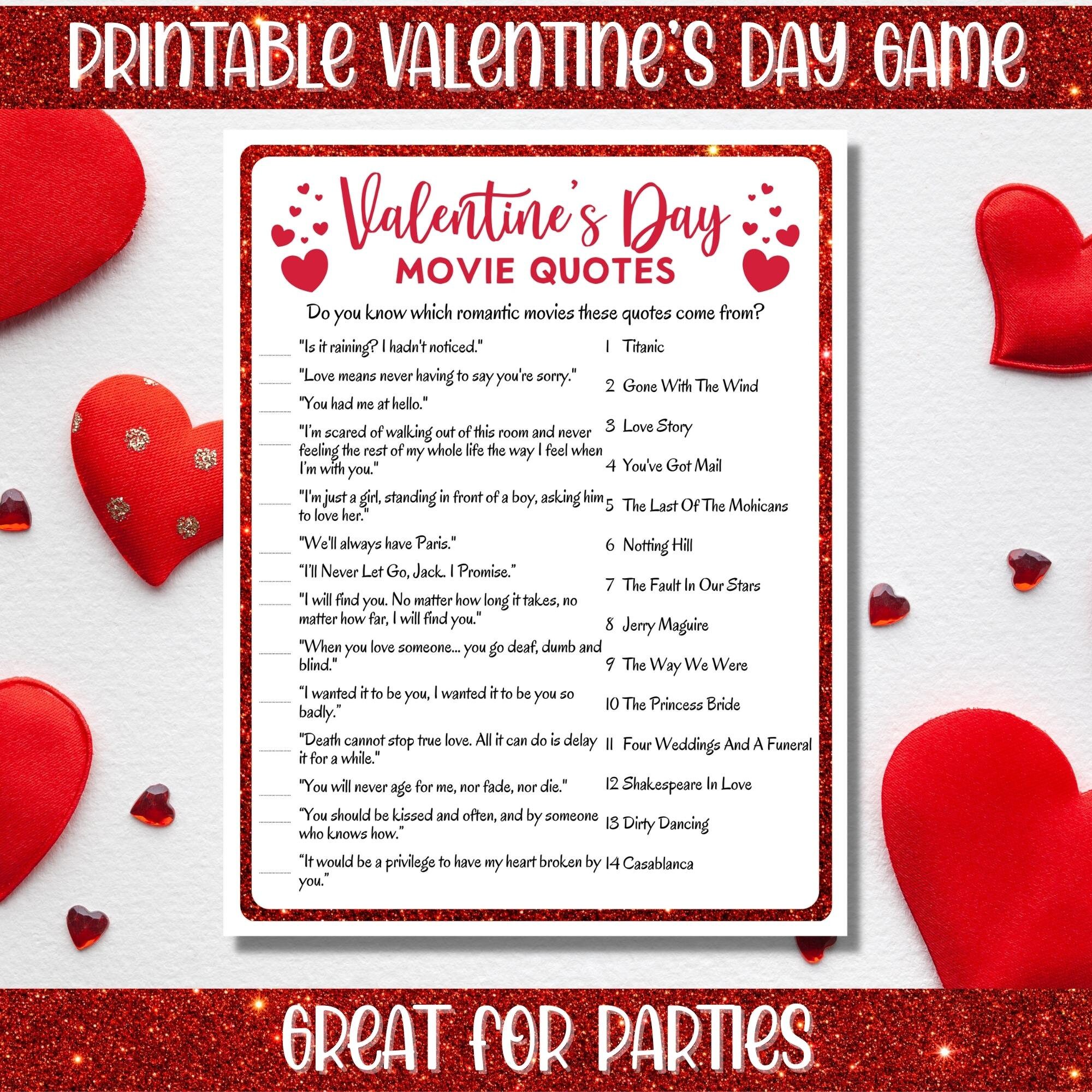 Printable Valentine's Day Movie Quotes Party Game Instant - Etsy