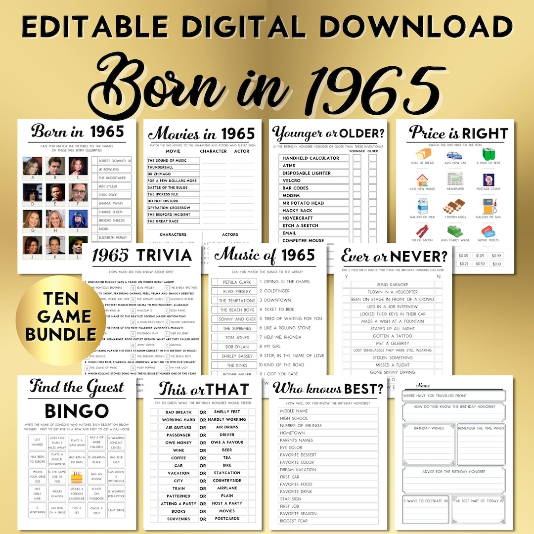61st Birthday Party Games, Born in 1965 Trivia, Music Quiz (printable ...