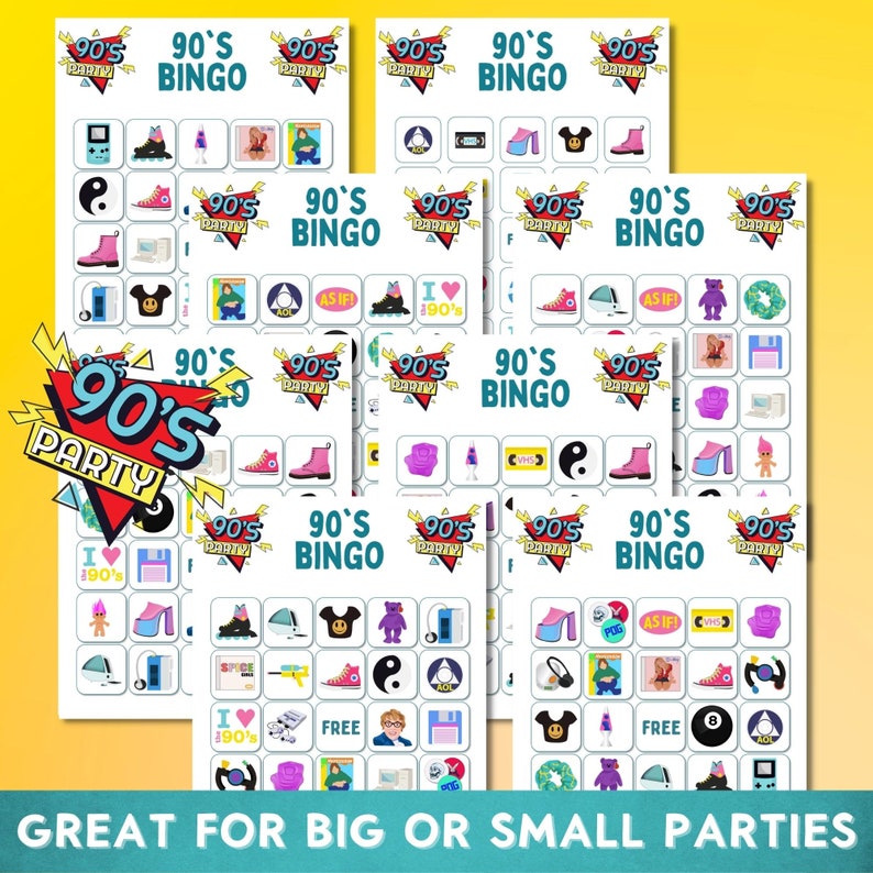 Printable 90's Themed Party Bingo 60 Unique Bingo Cards - Etsy Australia