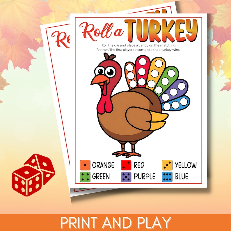 Roll A Turkey Dice Game, Printable Thanksgiving Game for Kids, Fun ...