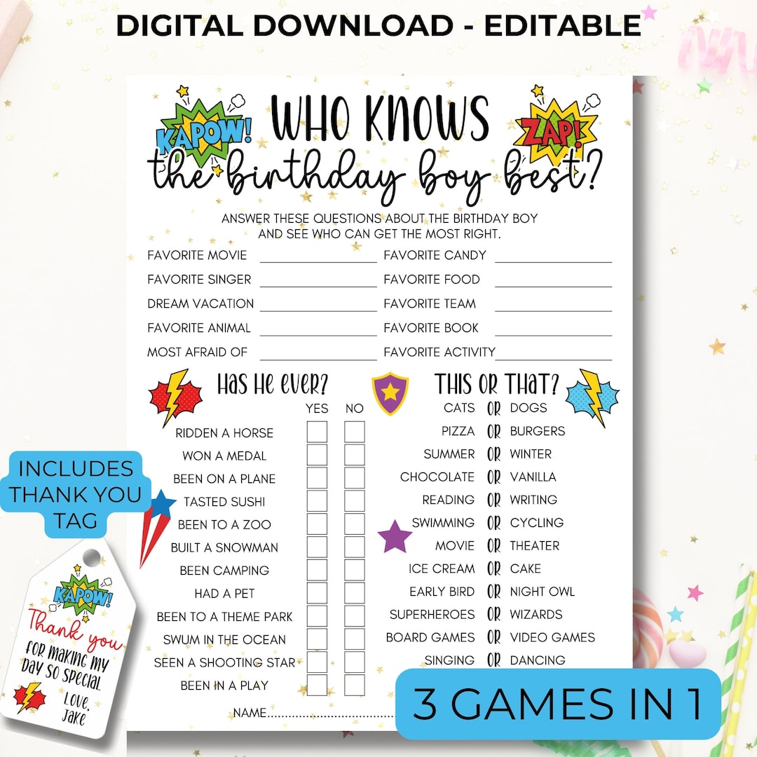 Who Knows the Birthday Boy Best, Editable Printable Superhero Birthday ...