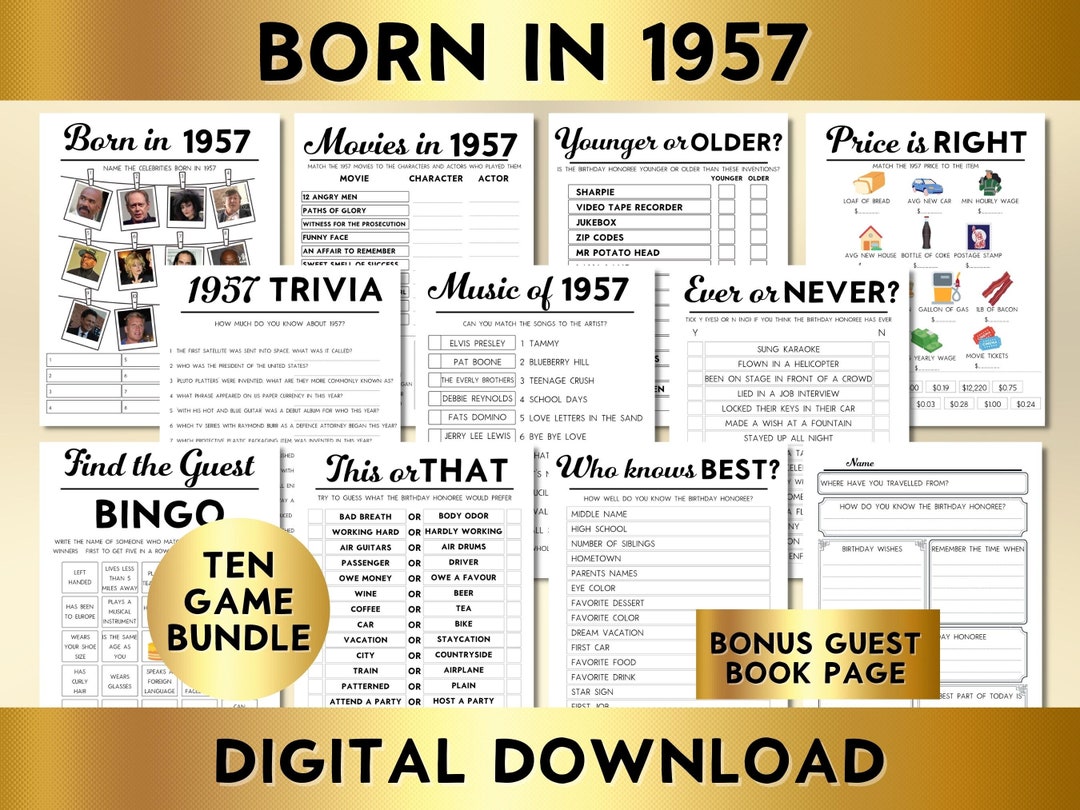 69th Birthday Party Games, Born in 1957 Trivia, Music Quiz (printable ...