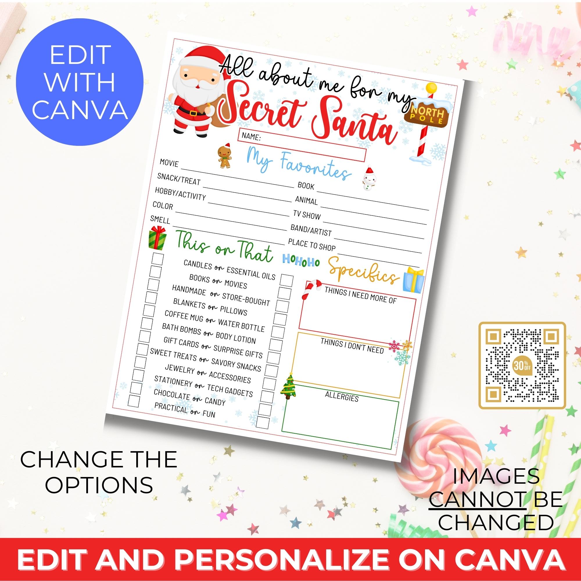 Secret Santa Questionnaire Printable, Gift Exchange Ideas, Gift Tag ...