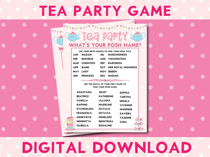 Tea Party Printable What's Your Posh Name Game, Girls Birthday Party ...