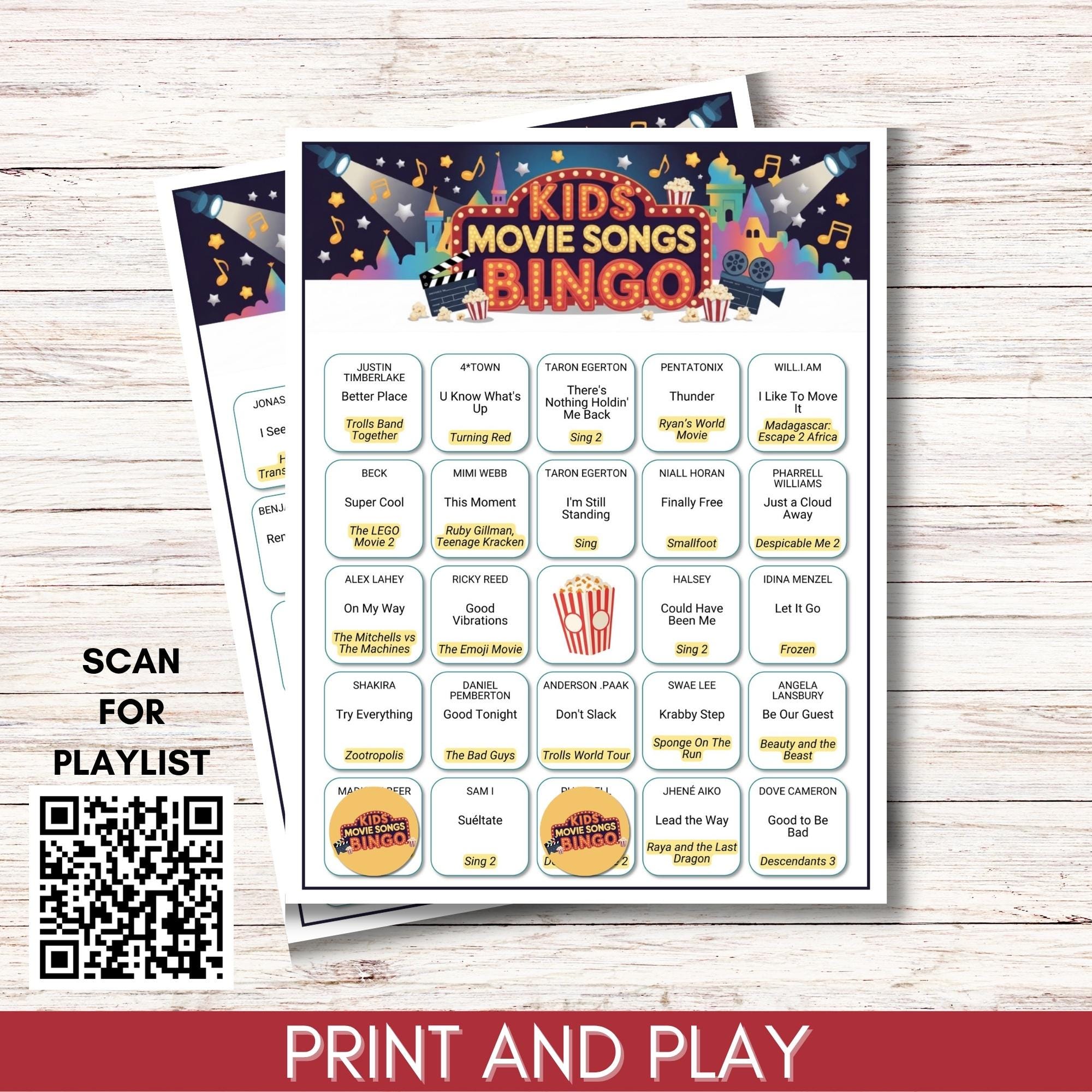 Kids Movie Music Bingo – Animated Songs Game, 100 Unique Cards ...