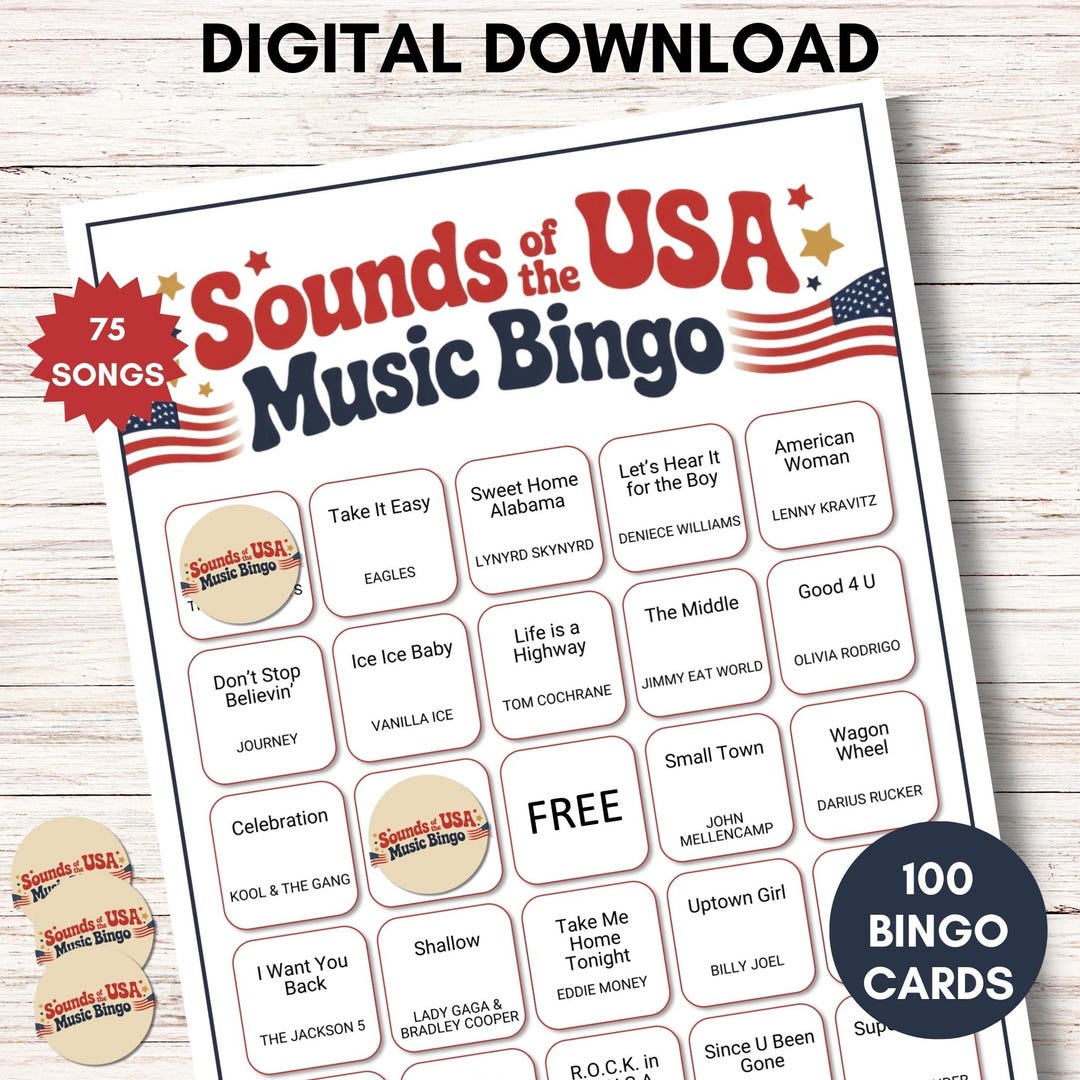 4th of July Music Bingo, Patriotic Party Game, Sounds of the USA, 75 ...
