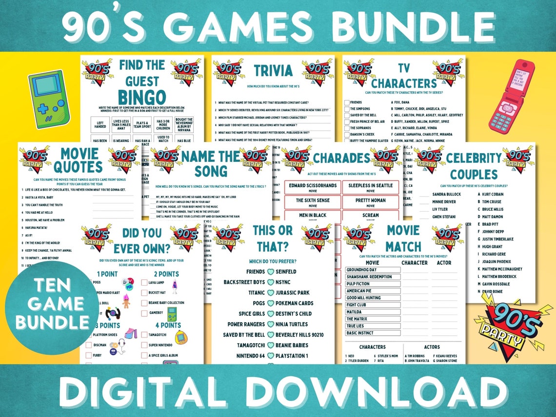 Printable 90's Game Night Bundle, Instant Download '90s Trivia Games ...