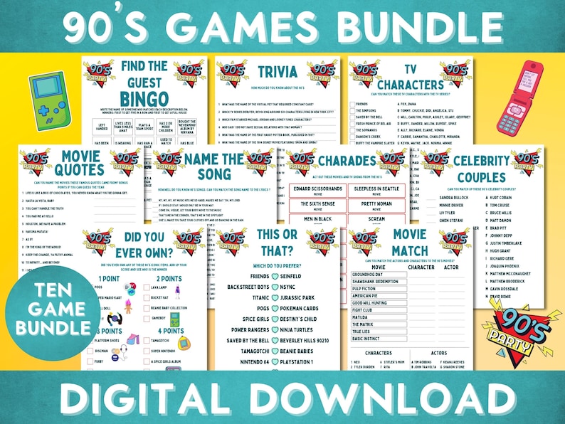 Printable 90's Game Night Bundle, Instant Download '90s Trivia Games ...